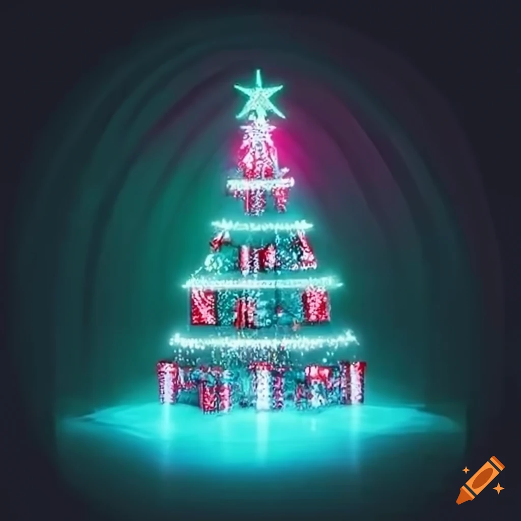 Neon christmas tree with presents in the night