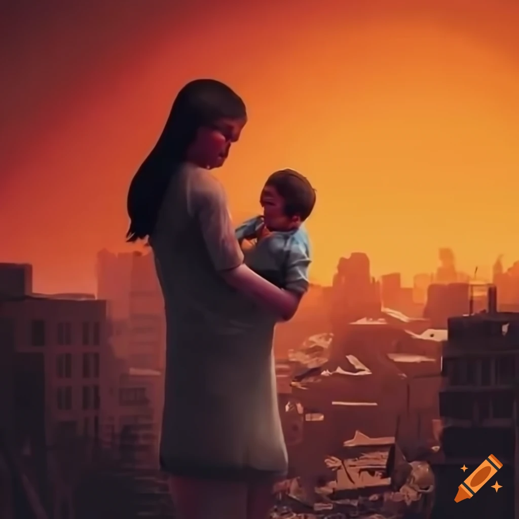 Image of a mother protecting her child in a war-torn city on Craiyon