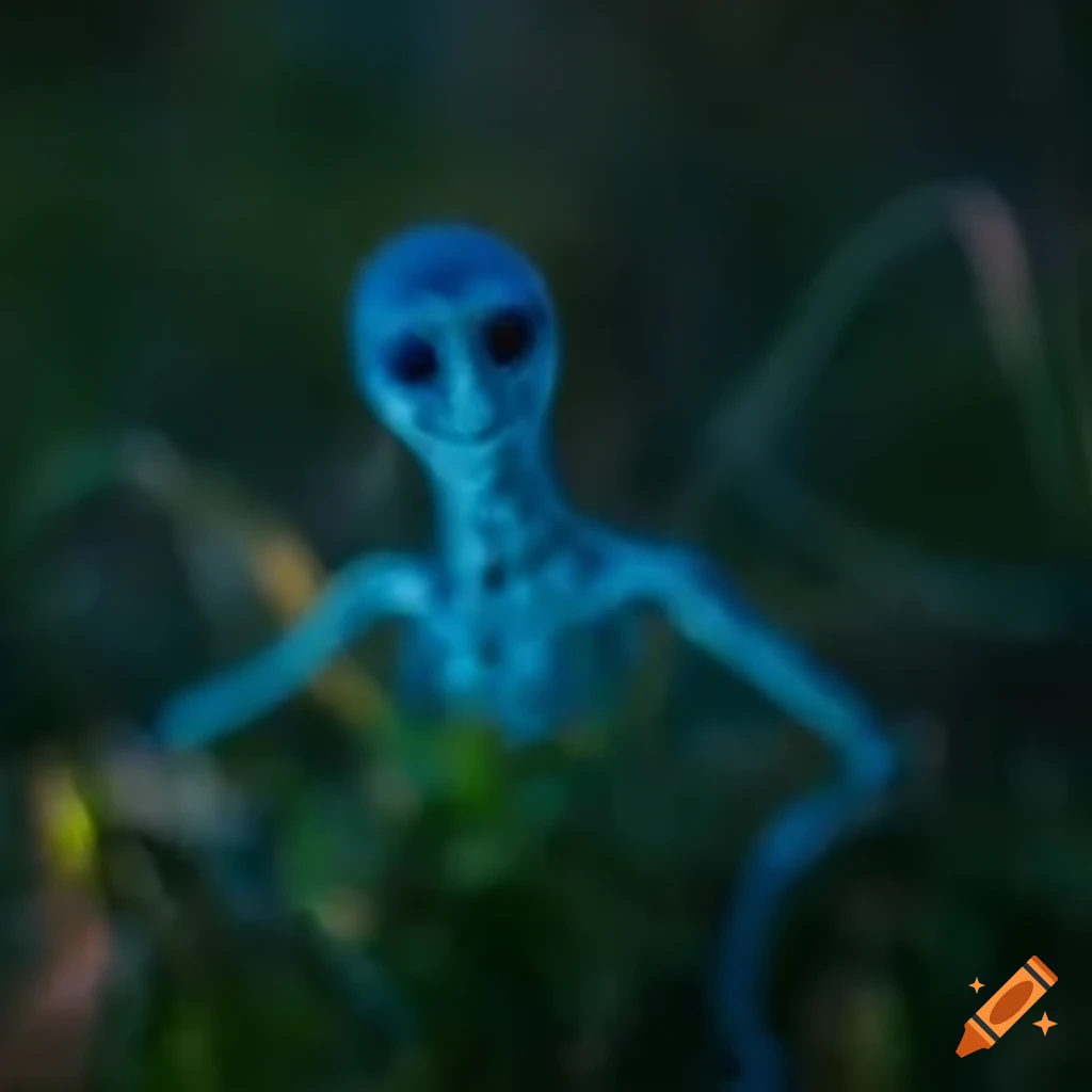 Artwork of a blue humanoid creature on a planet with gears on Craiyon