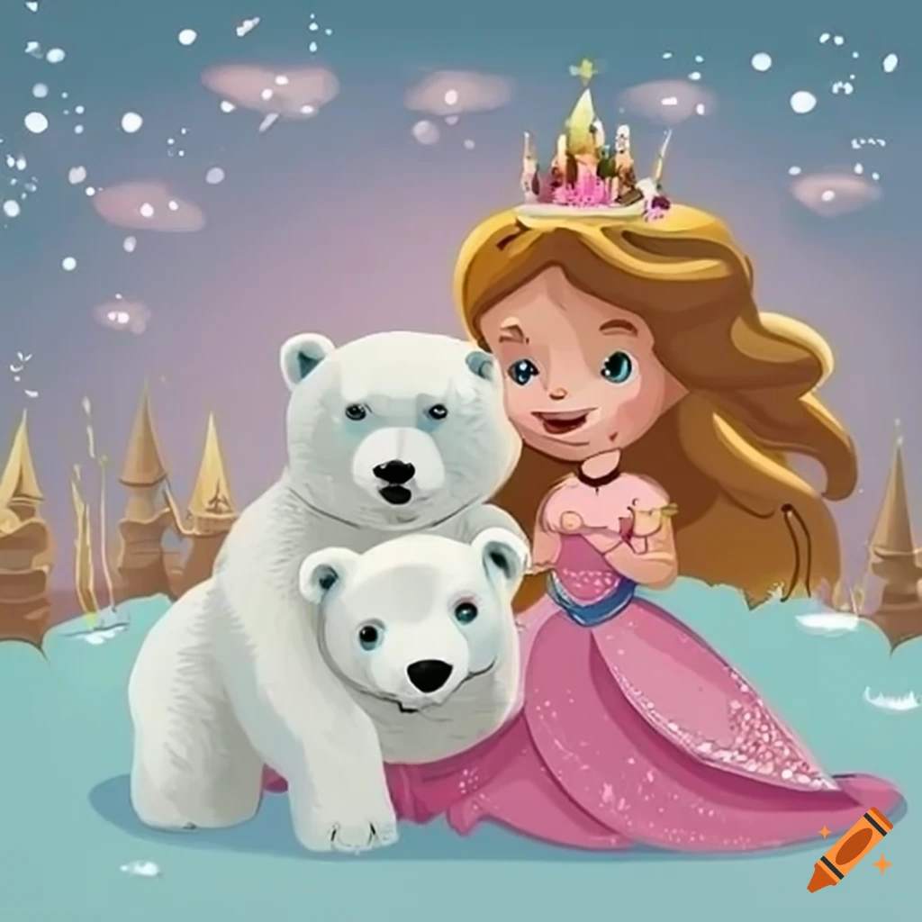Illustration of a princess and a polar bear at a birthday party