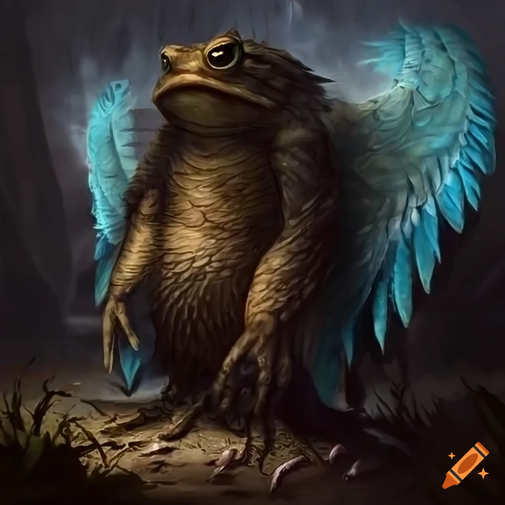 Fantasy artwork of a giant toad with raven wings on Craiyon