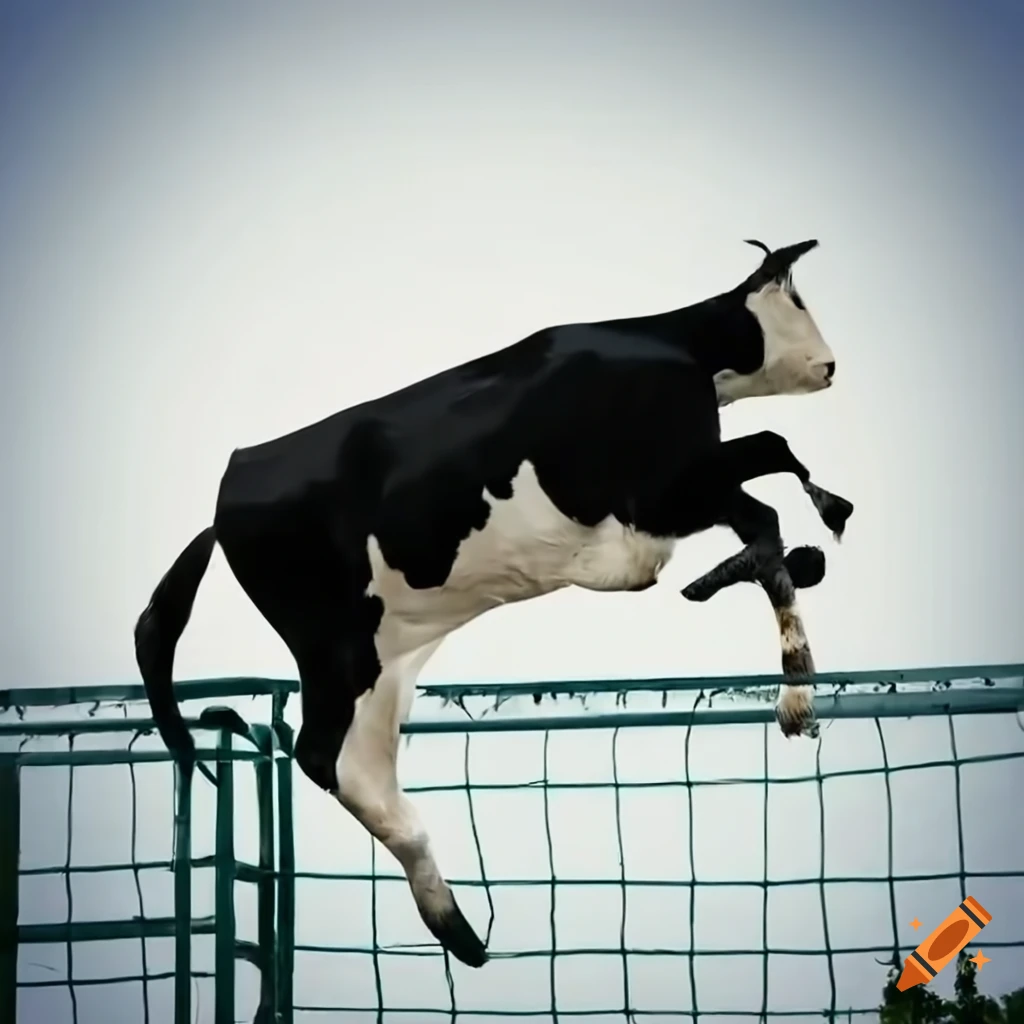 Black and white photo of a cow jumping over a fence on Craiyon