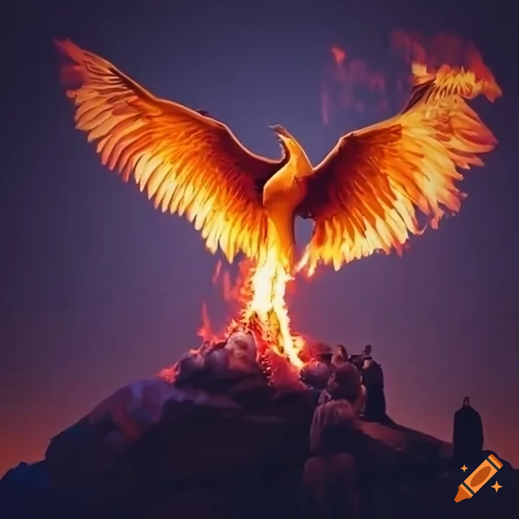 Fantasy artwork of a phoenix rising from nuclear war ashes on Craiyon