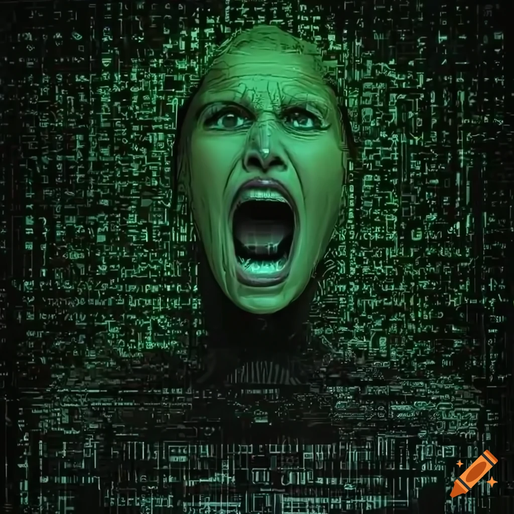 Illustration of an angry female computer ai face on Craiyon