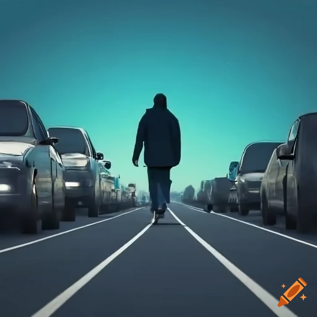 Photorealistic image of a person walking on a busy highway on Craiyon
