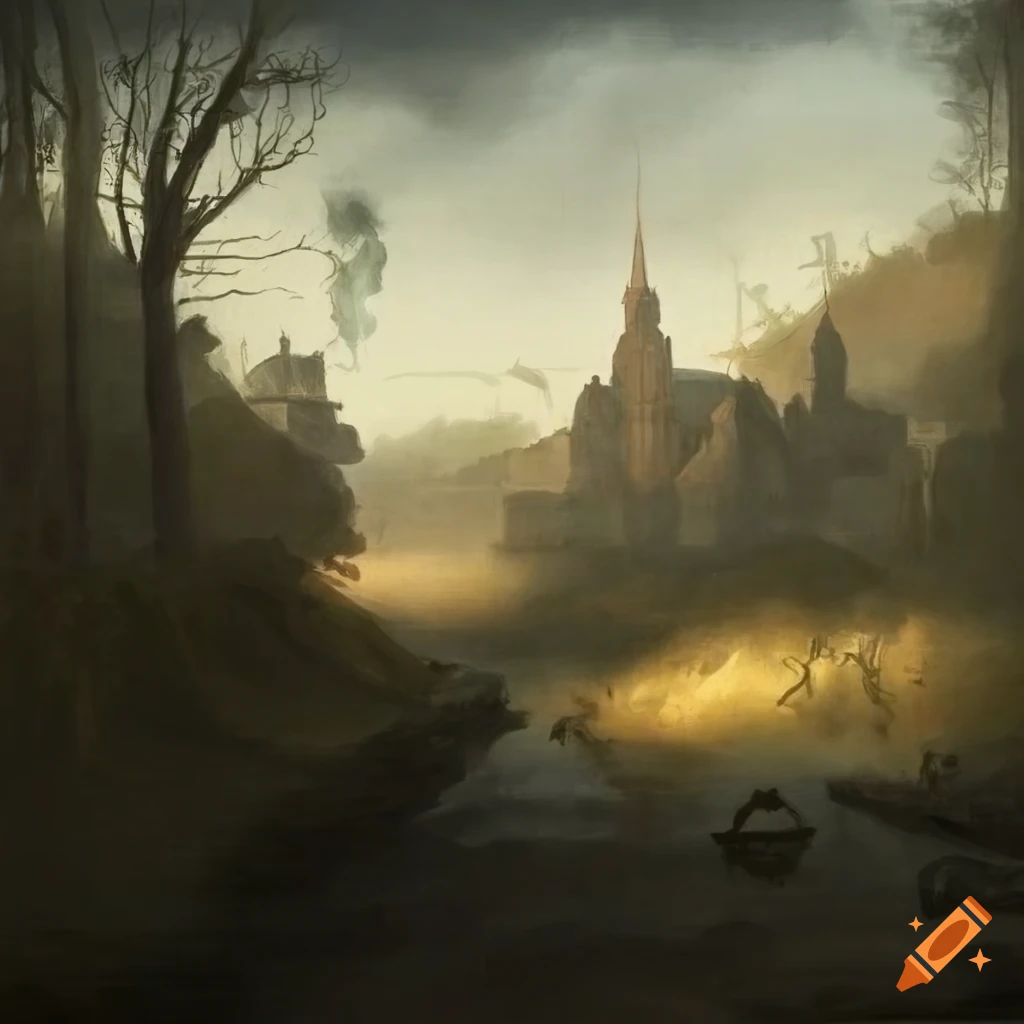 Painting of a medieval military defense ditch