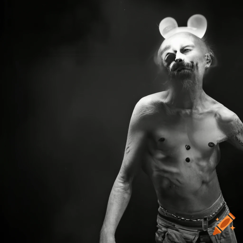 Elderly cyborg in mouse costume