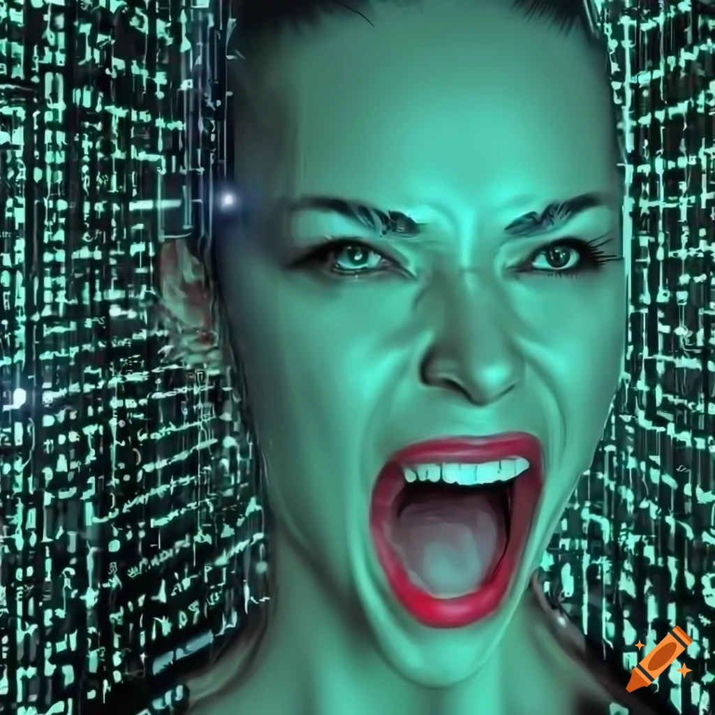 Illustration of an angry female computer ai face on Craiyon
