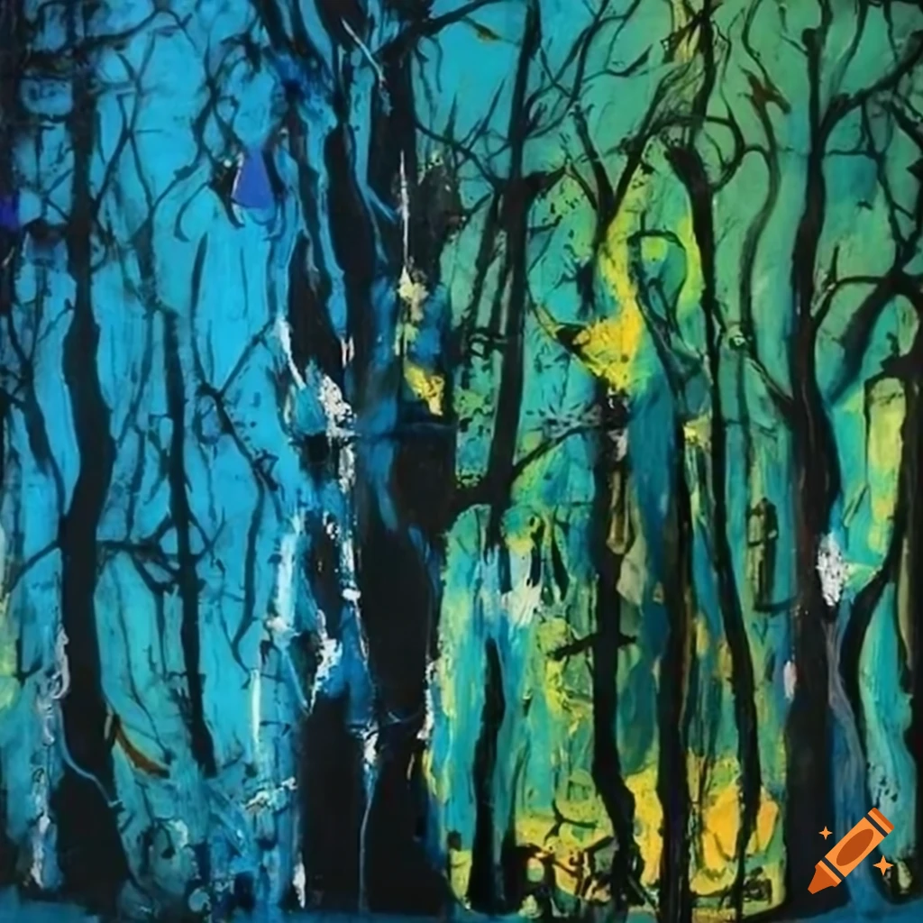 Abstract paintings resembling a forest with green and blue