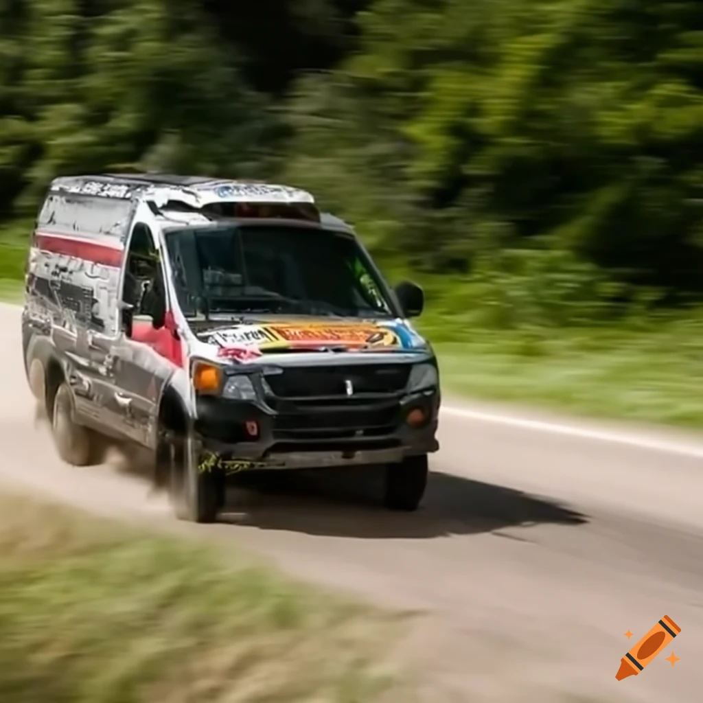 Rally van speeding through rugged terrain on Craiyon