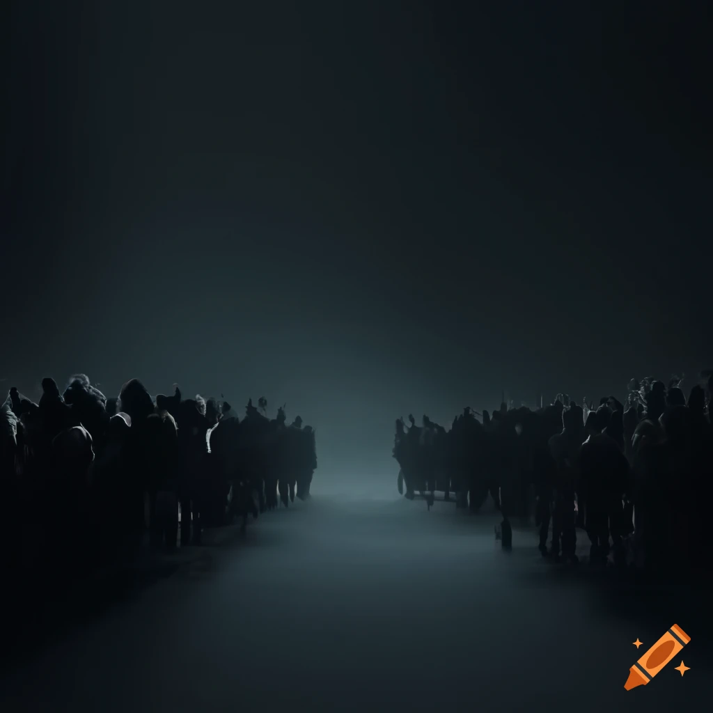 Dynamic shadows of a bustling crowd on a dark background