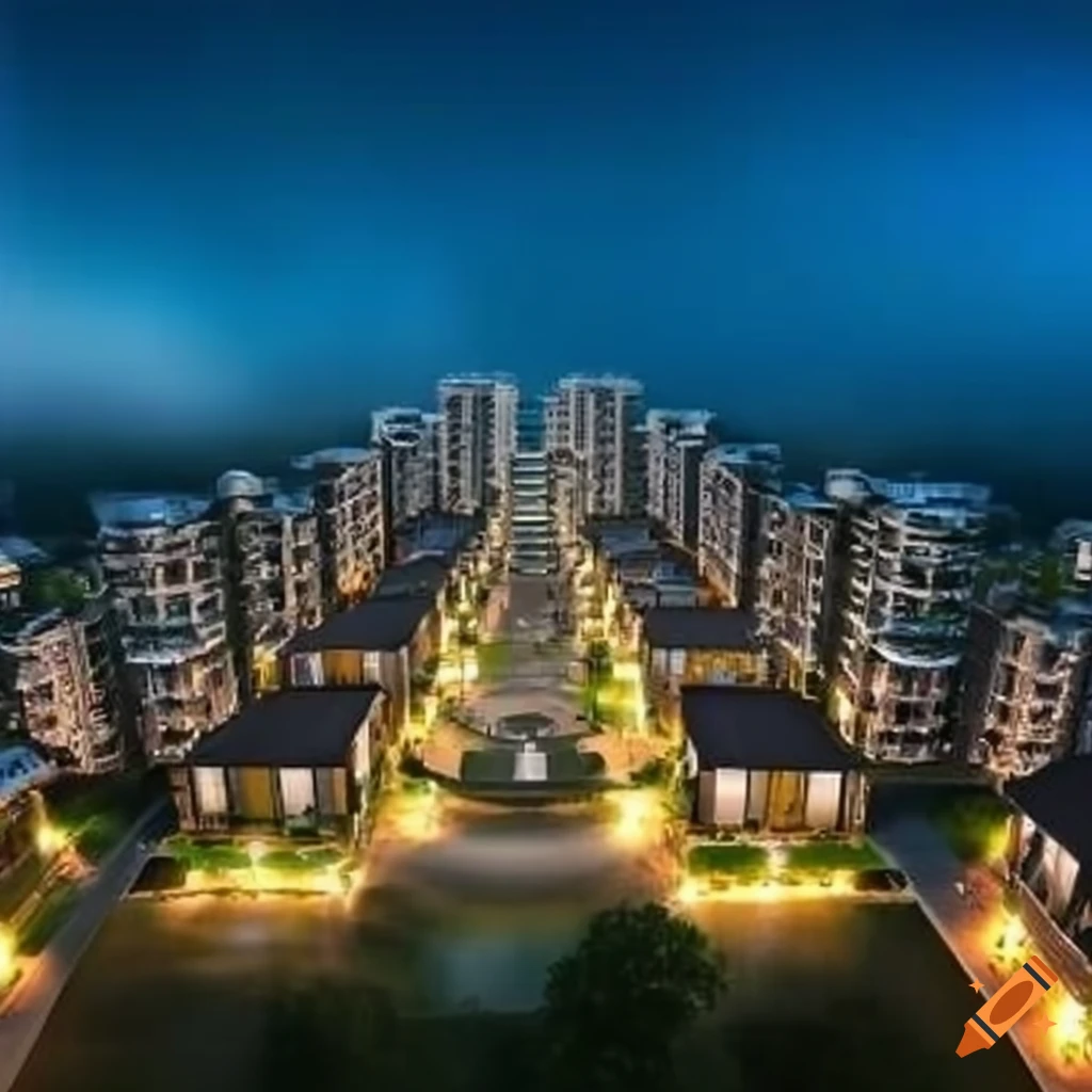 Image of an integrated township with diverse buildings on Craiyon