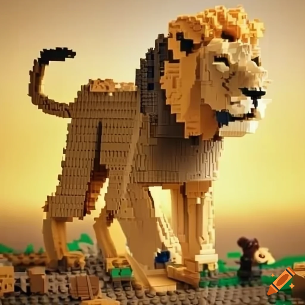 Construction of a lego lion pride in the grass on Craiyon