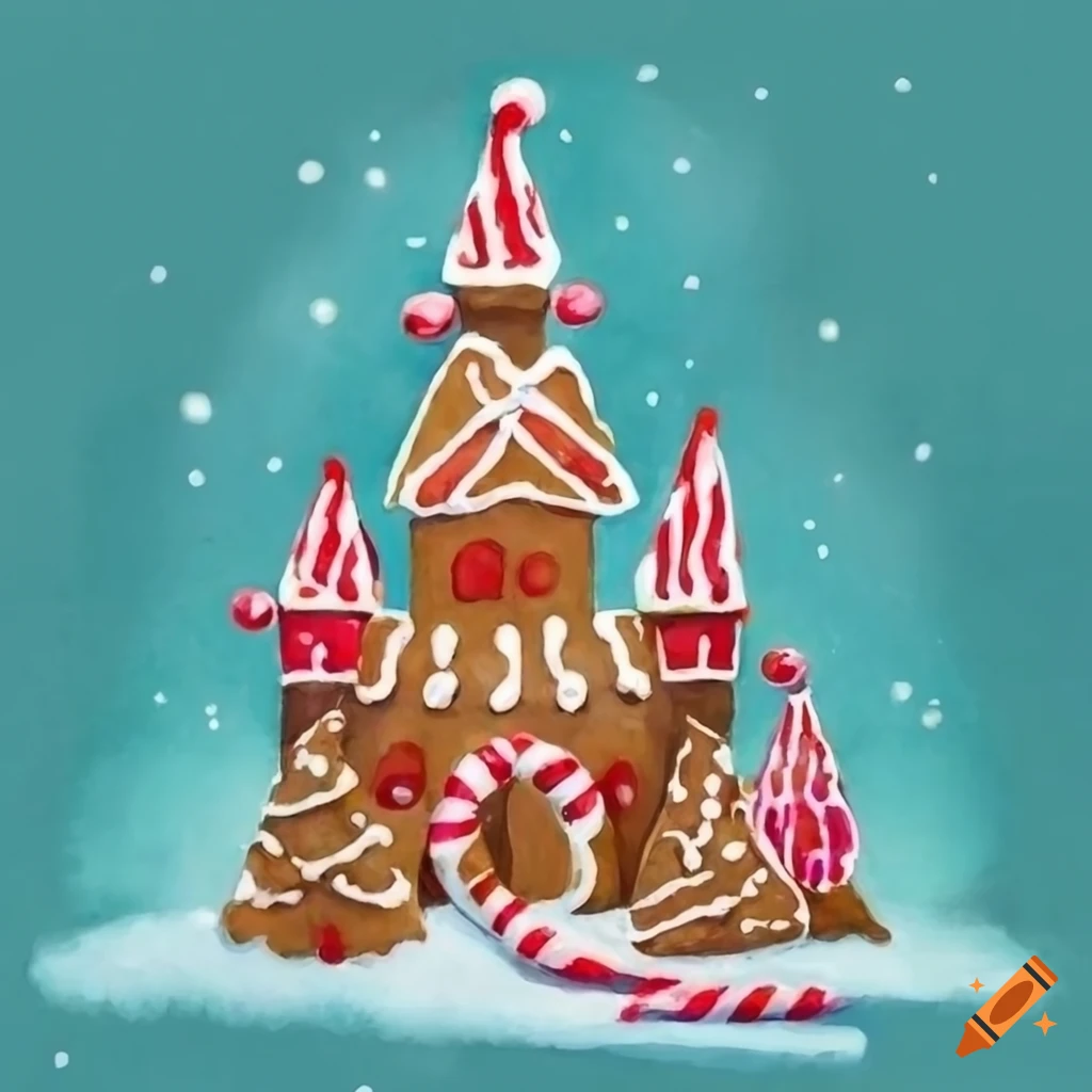 Watercolor christmas card with candy cane and gingerbread castle on Craiyon