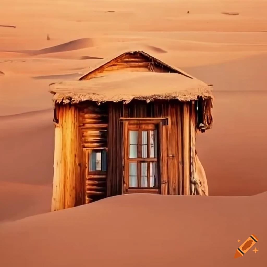 Wooden chalet in the desert with footprints on Craiyon