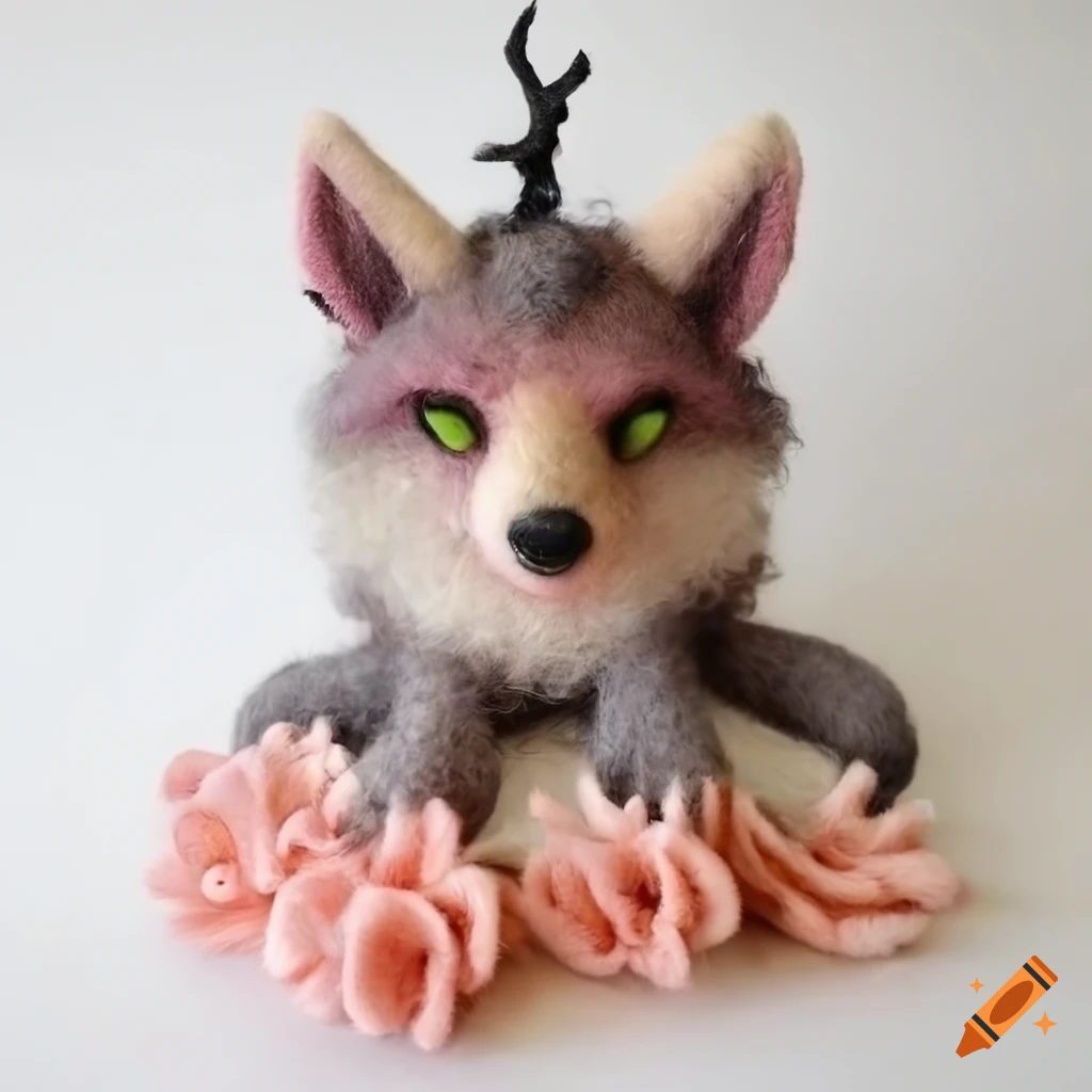 Wool felted wolf with 12 eyes and peach flowers on Craiyon