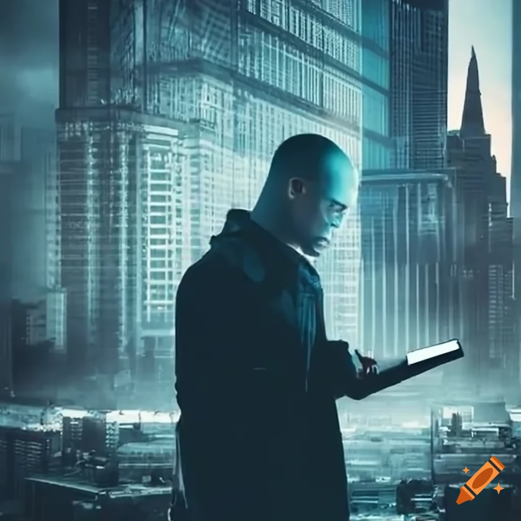 Futuristic man worshipping smartphone in dystopian city on Craiyon