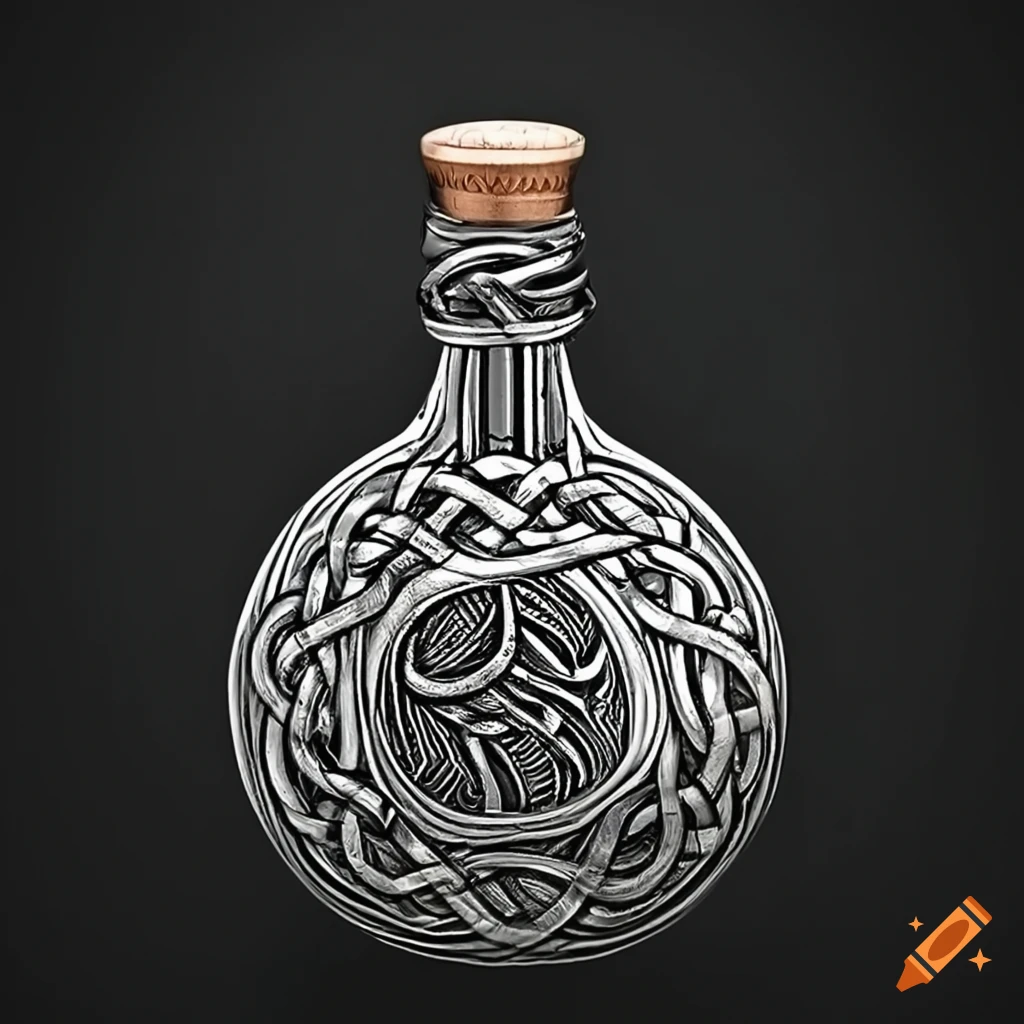 Round flask with celtic knotwork design and smoke on Craiyon