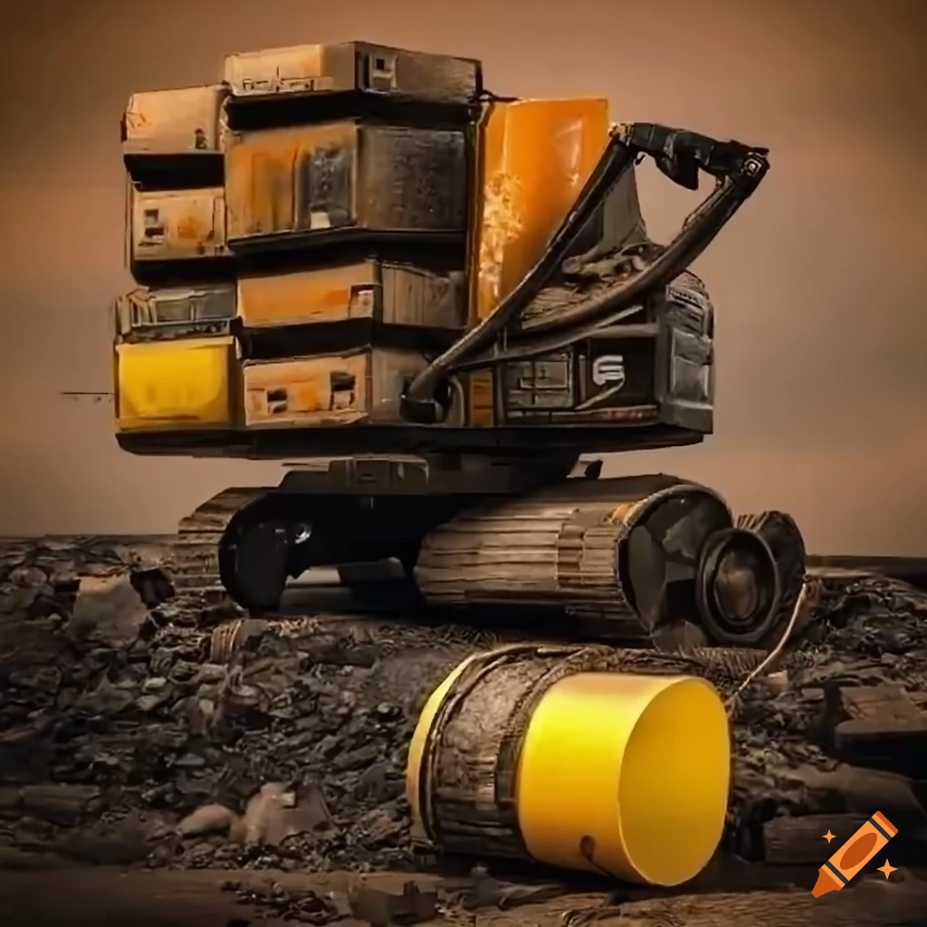 Photorealistic robot excavator carrying container canisters