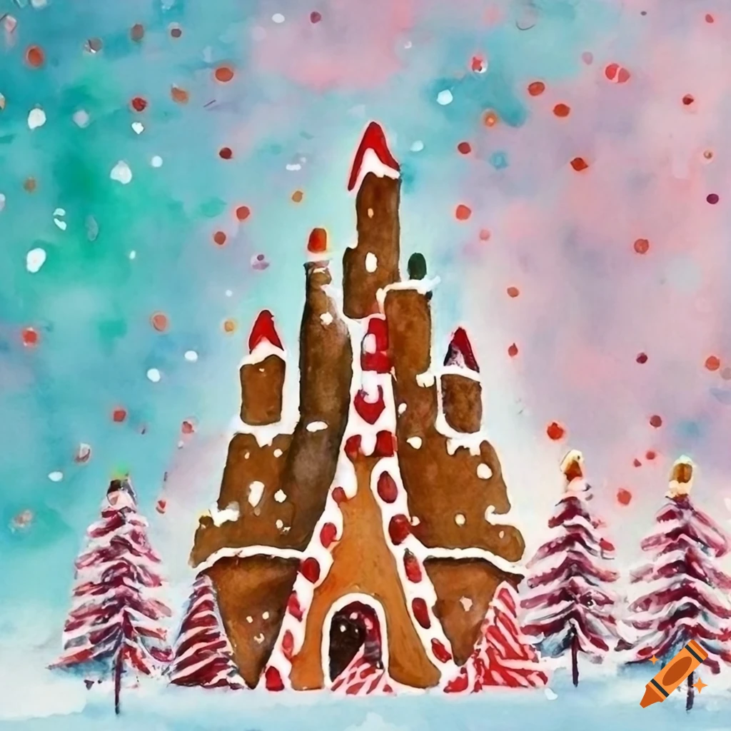 Watercolor christmas card with gingerbread castle