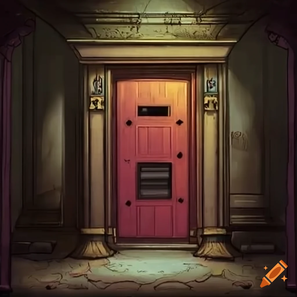 Game-style illustration of a person opening a museum door on Craiyon