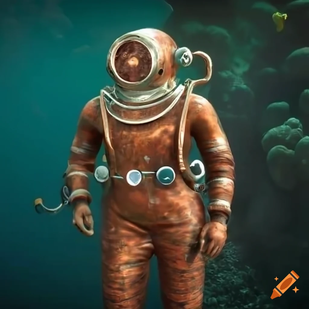 3d rendering of a copper diving suit among colorful corals on Craiyon