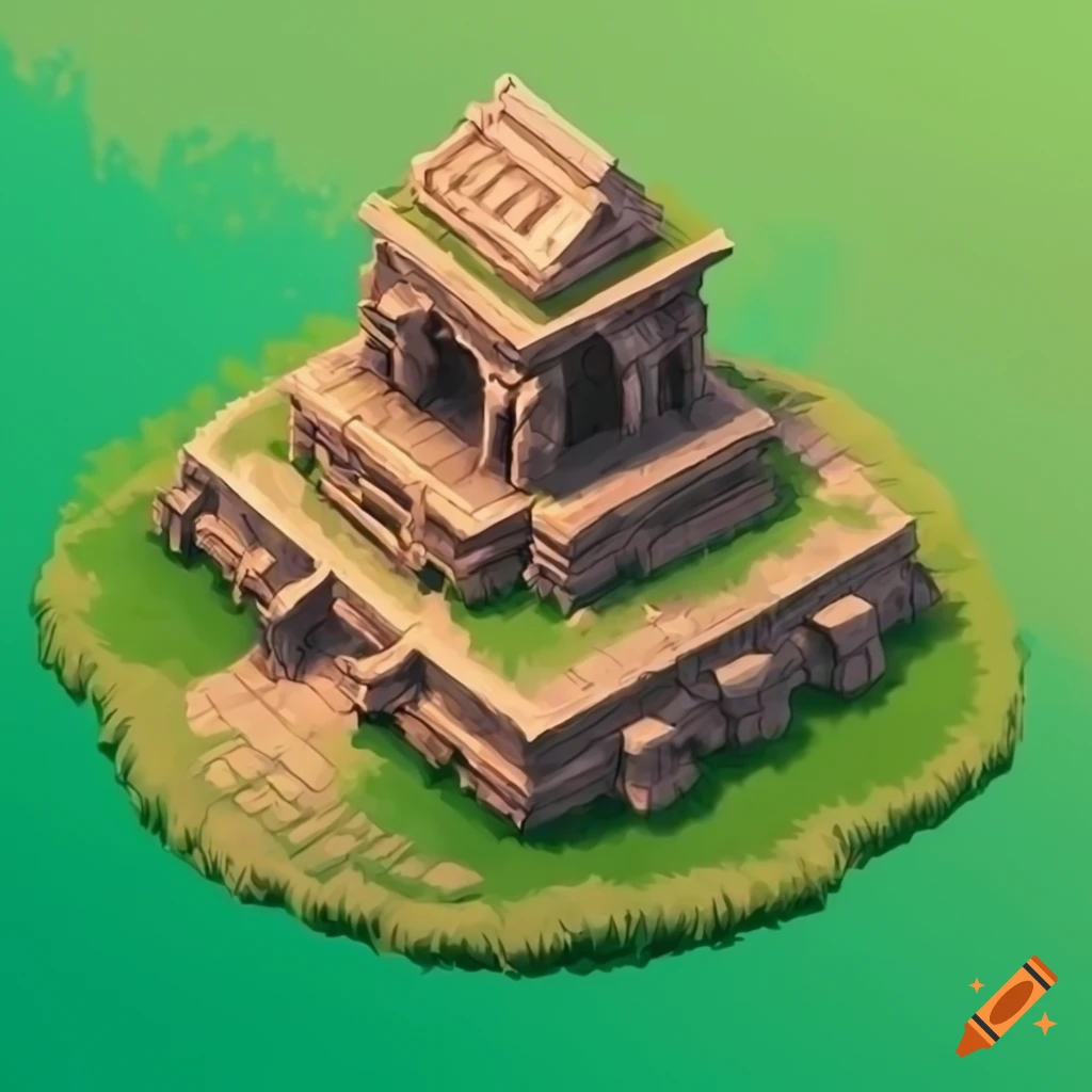 Sculpted ancient temple surrounded by grass on Craiyon