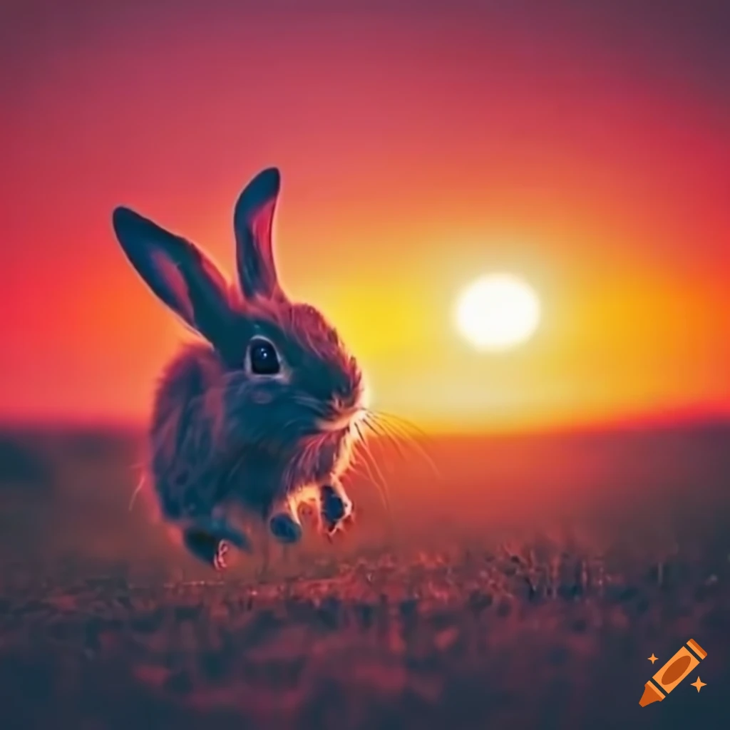 Bunny jumping in a red field at sunset on Craiyon