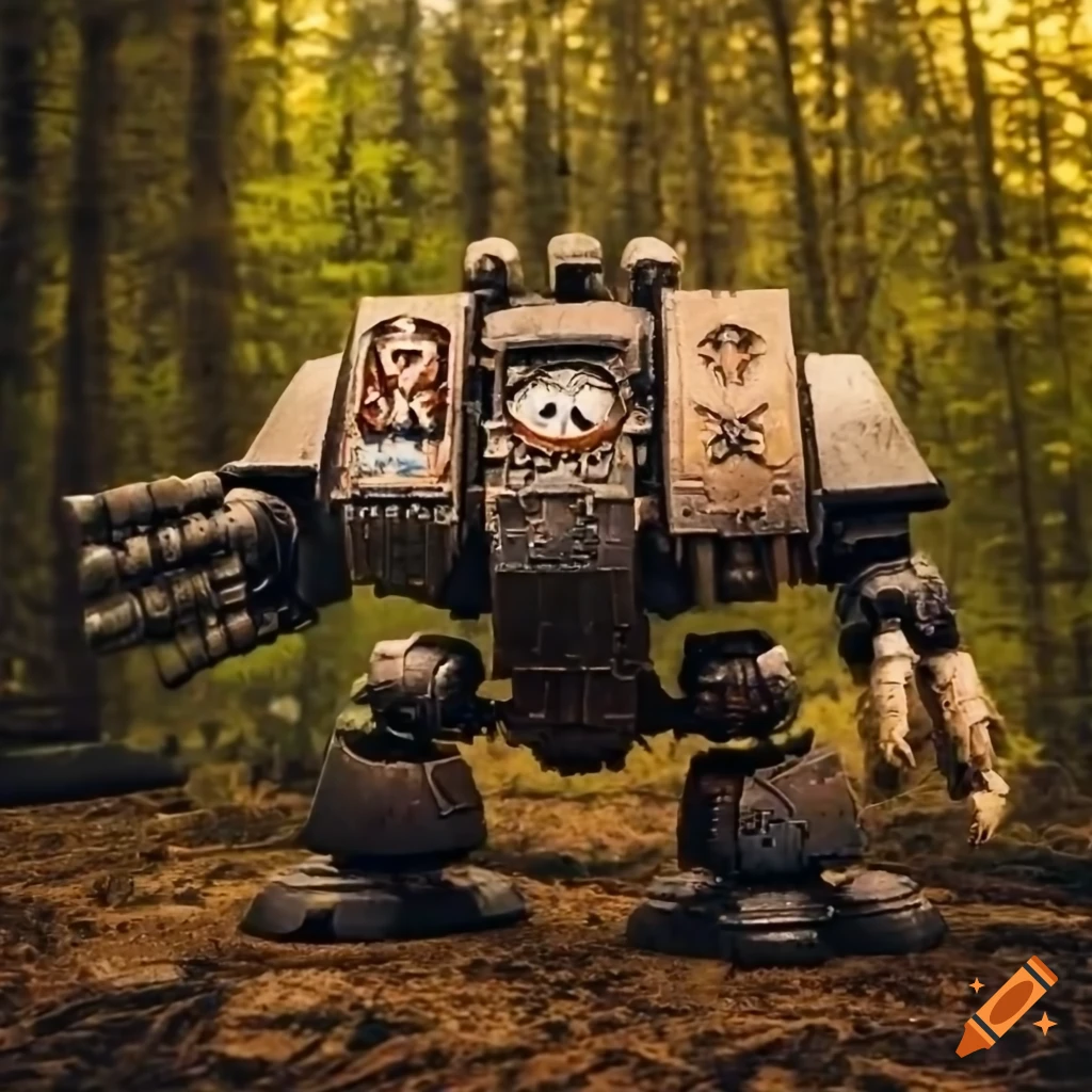 Sunset view of a warhammer 40k dreadnought in a forest on Craiyon