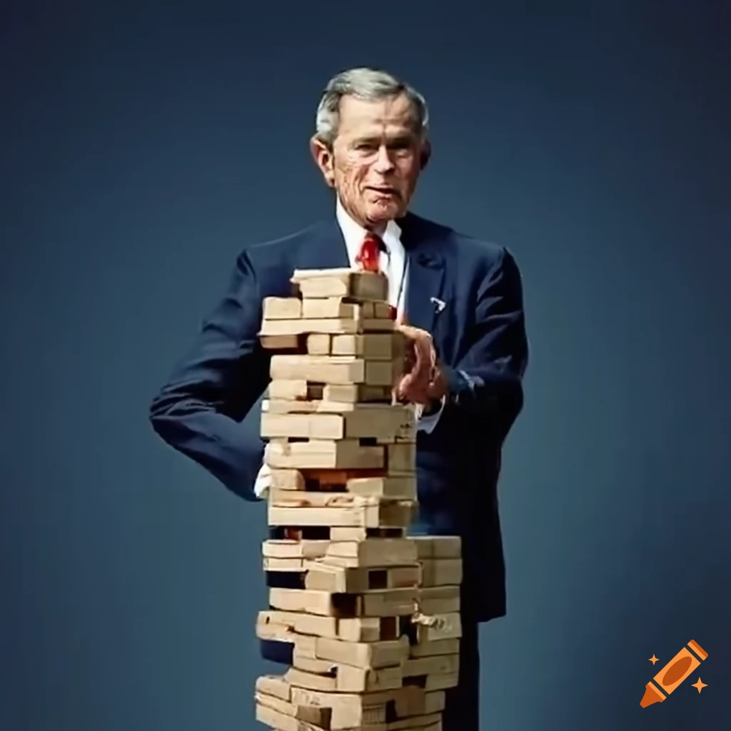 Satirical image of George Bush and Jenga towers on Craiyon