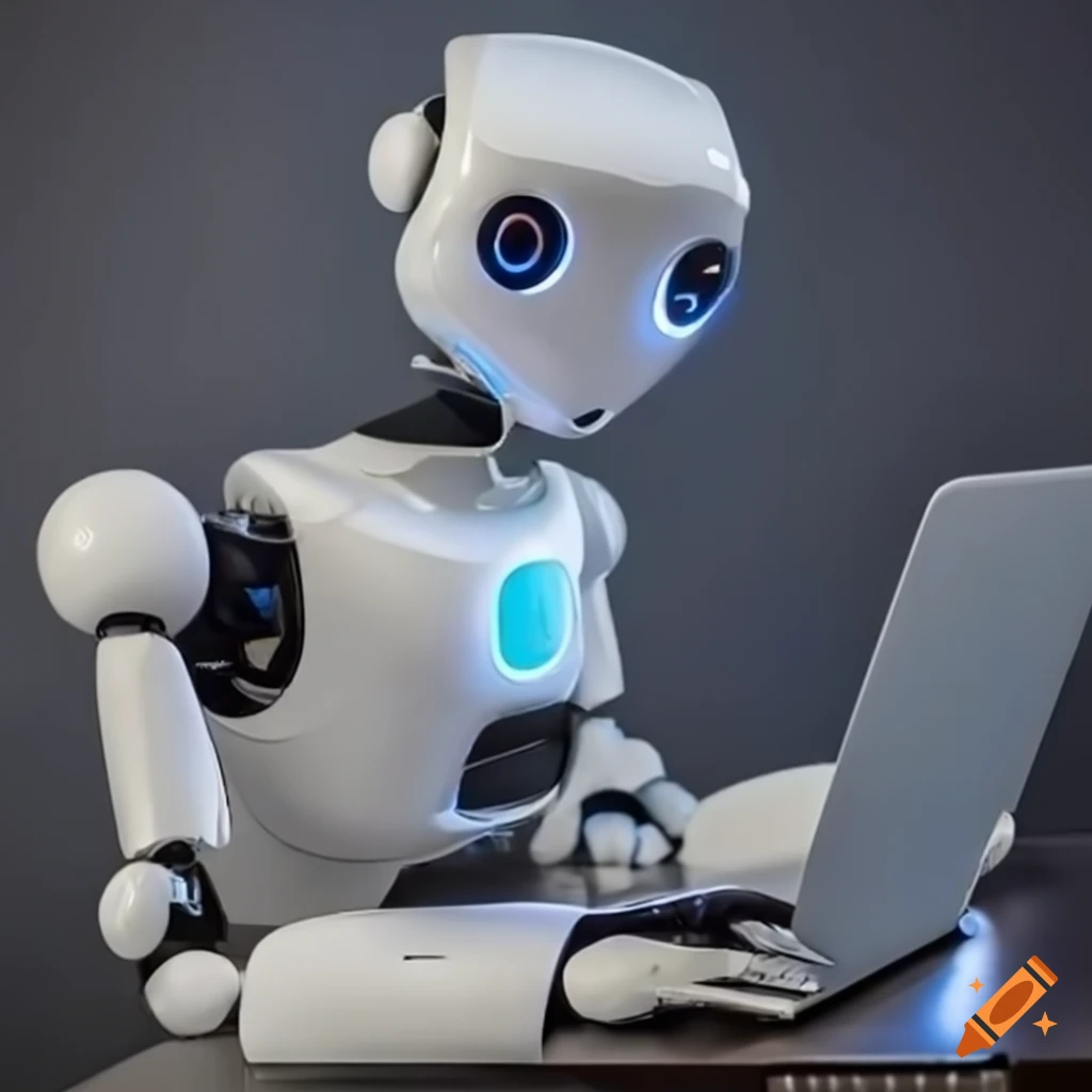 Robot working on a laptop in an office on Craiyon