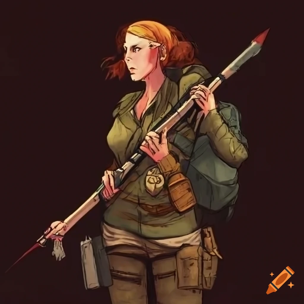 Female explorer with backpack and spear in apocalyptic setting on Craiyon