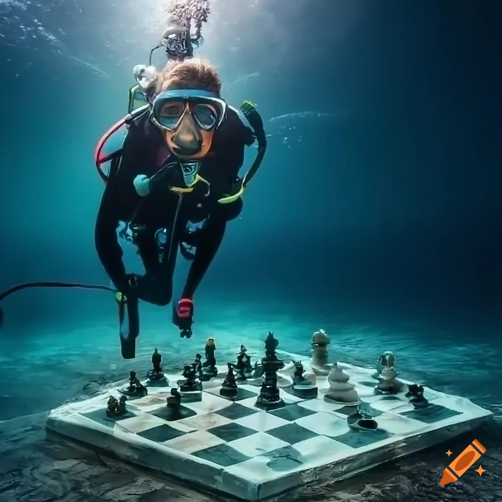 Scuba diver playing chess underwater