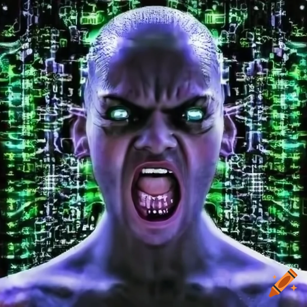 Matrix ai angry face on computer screen