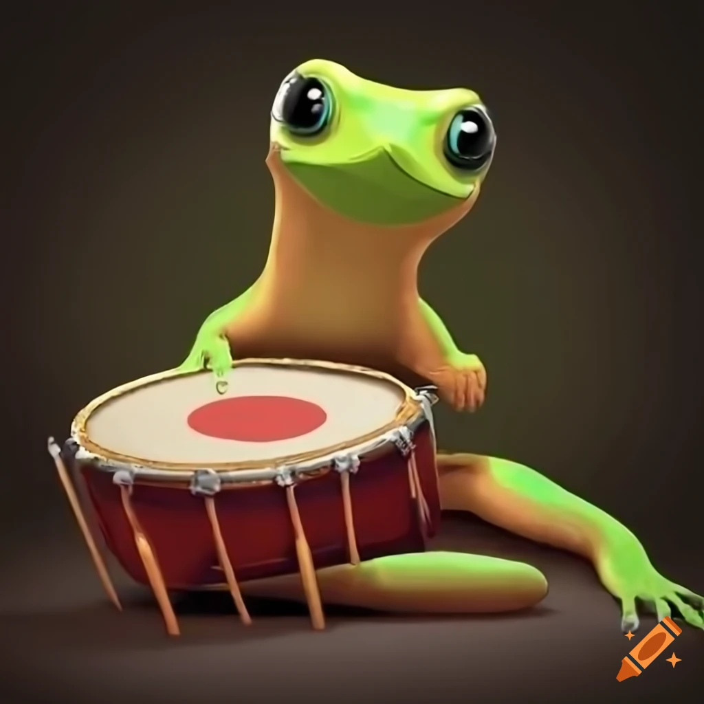 Lizard playing a drum in a music store
