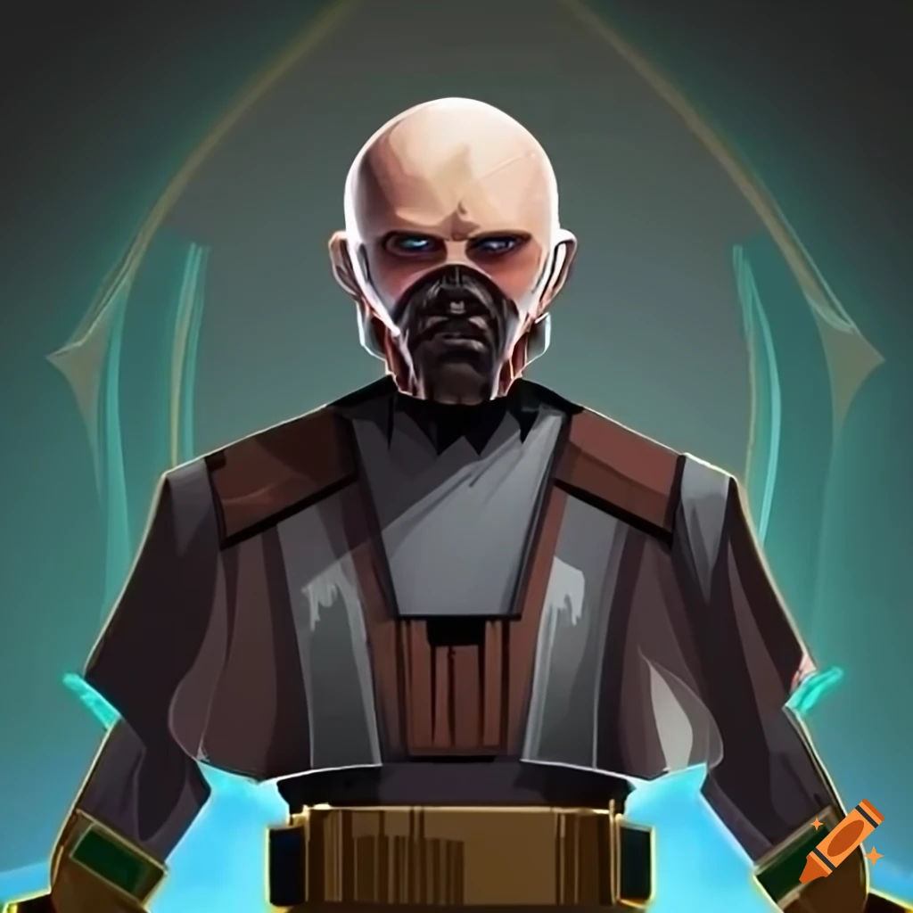 Blonde male jedi knight with blue lightsaber in traditional robes on ...