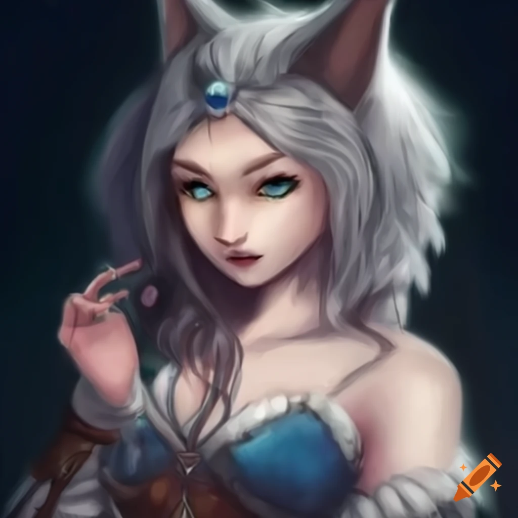 Fantasy artwork of a feytouched human snowfox girl adventurer on Craiyon