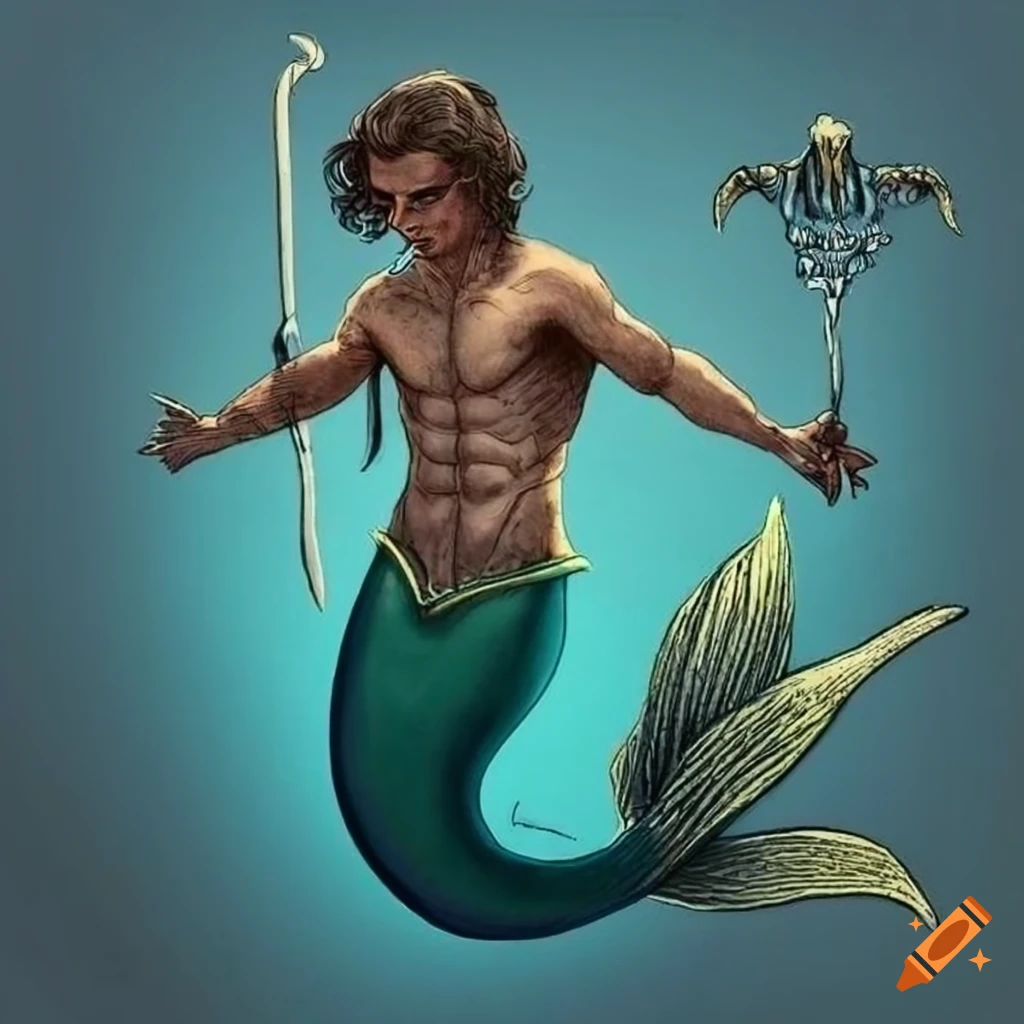Detailed etching of steve harrington as a merman on Craiyon