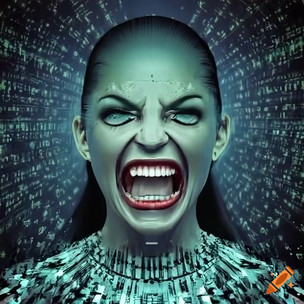 Illustration of a futuristic angry female computer ai on Craiyon