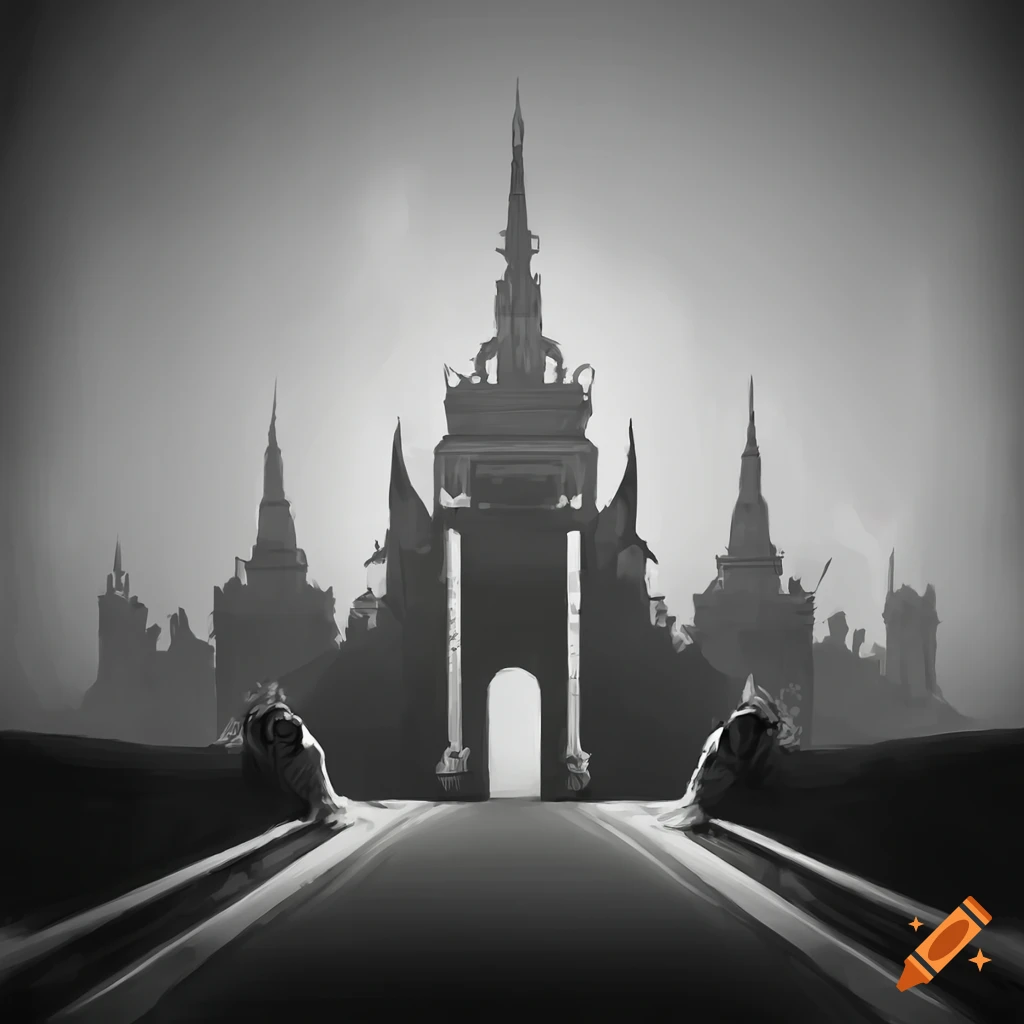 Black and white concept art of a palace gate on Craiyon