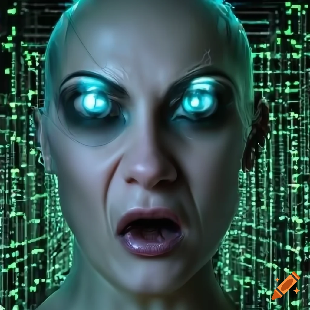 Illustration of an angry female computer AI face on Craiyon