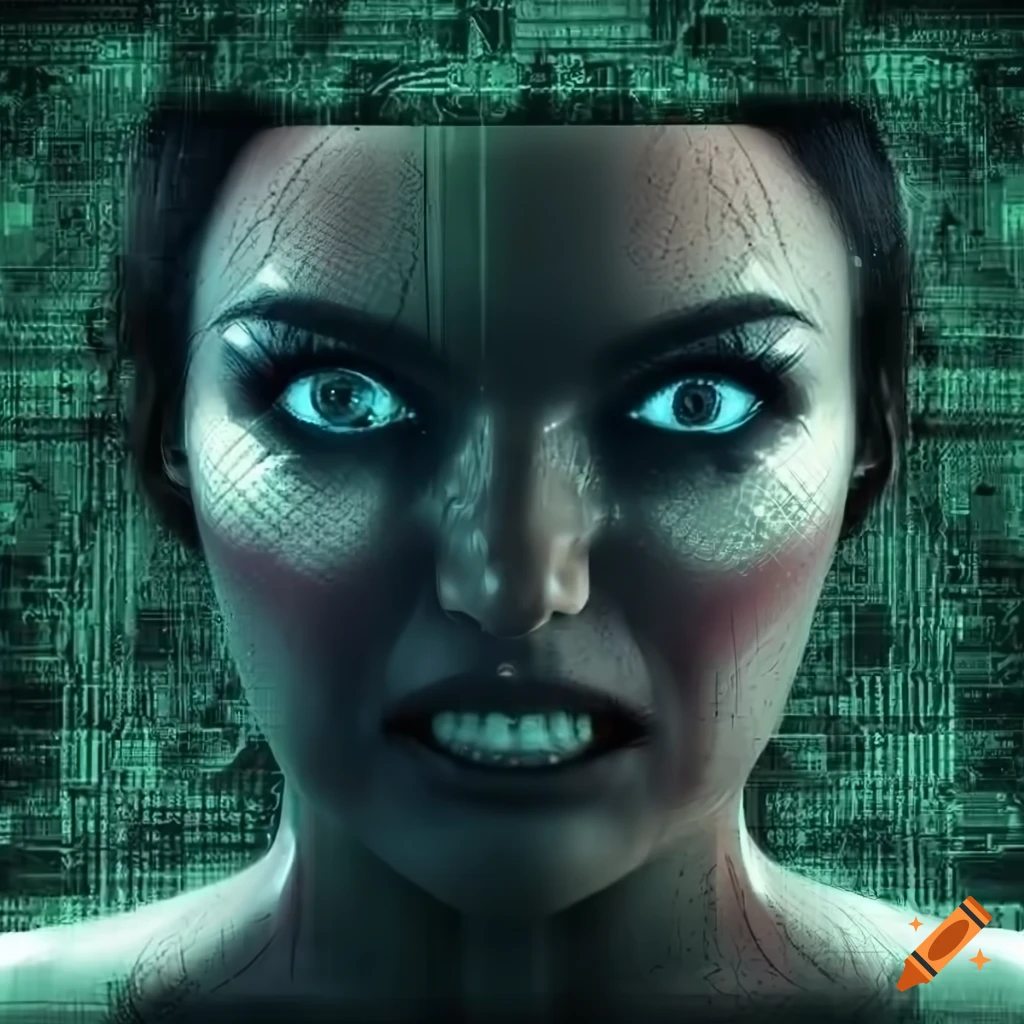Illustration of a futuristic angry female computer ai on Craiyon