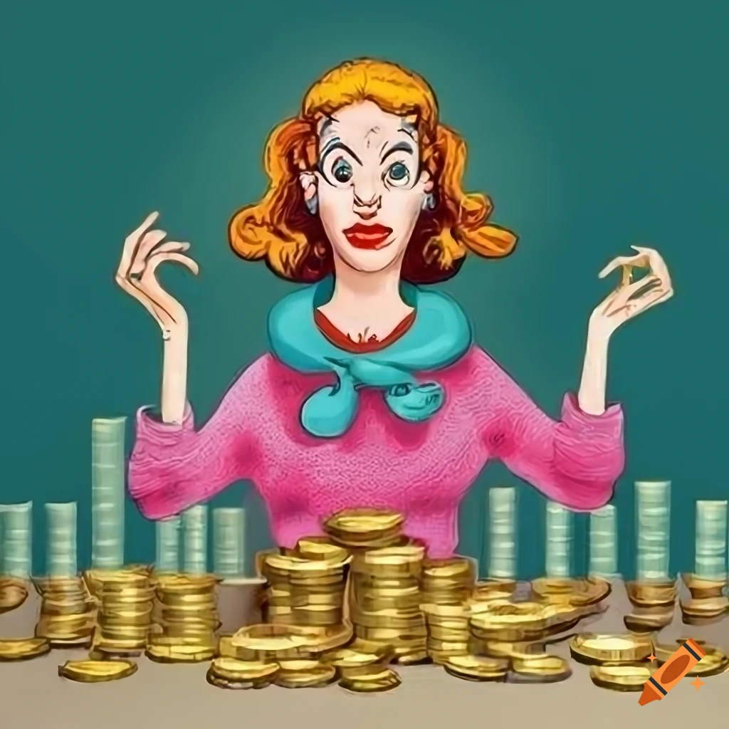 Colorful book illustration of a woman counting money on Craiyon