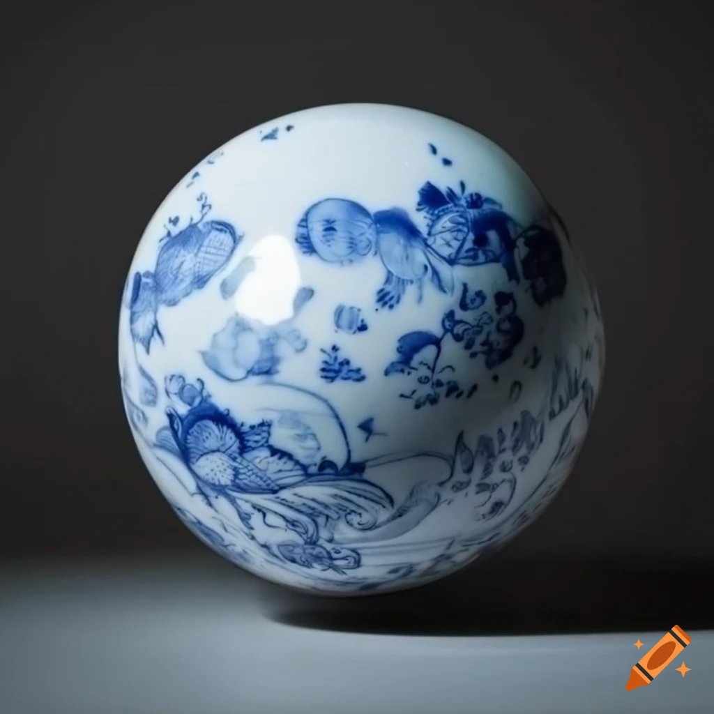 Blue and white porcelain sphere on grey gniess on Craiyon
