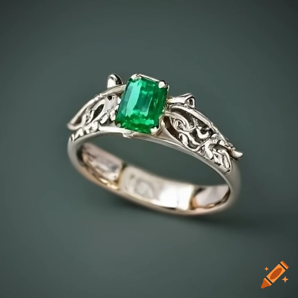 Silver ring with emerald and vine pattern