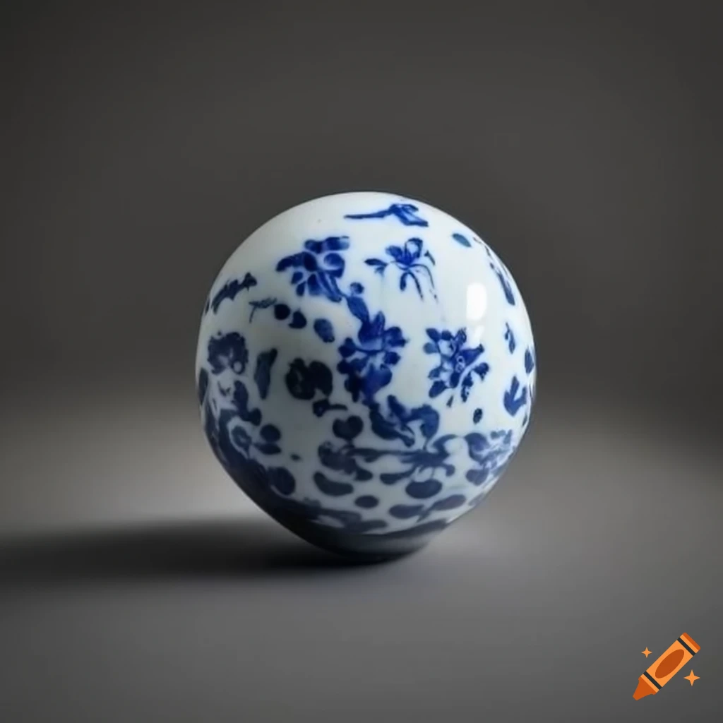 Blue and white porcelain sphere on grey gniess on Craiyon