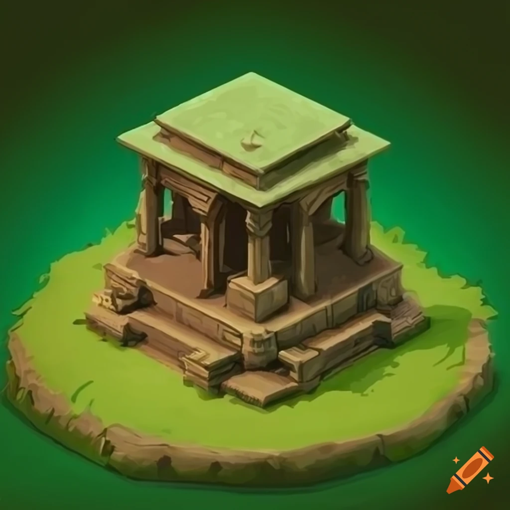Isometric art of an ancient temple in a grassy field