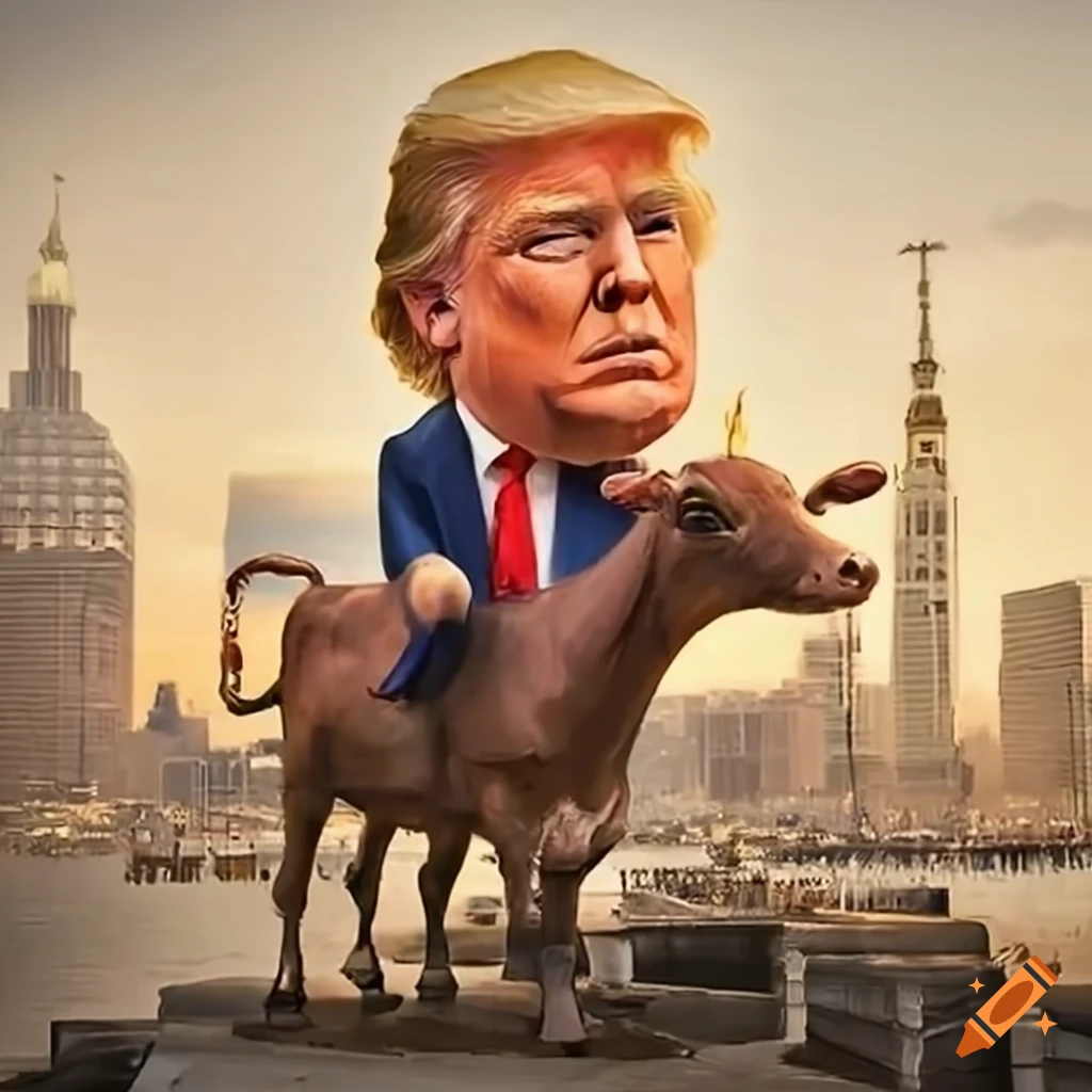 Donald trump riding a cow in a city on Craiyon