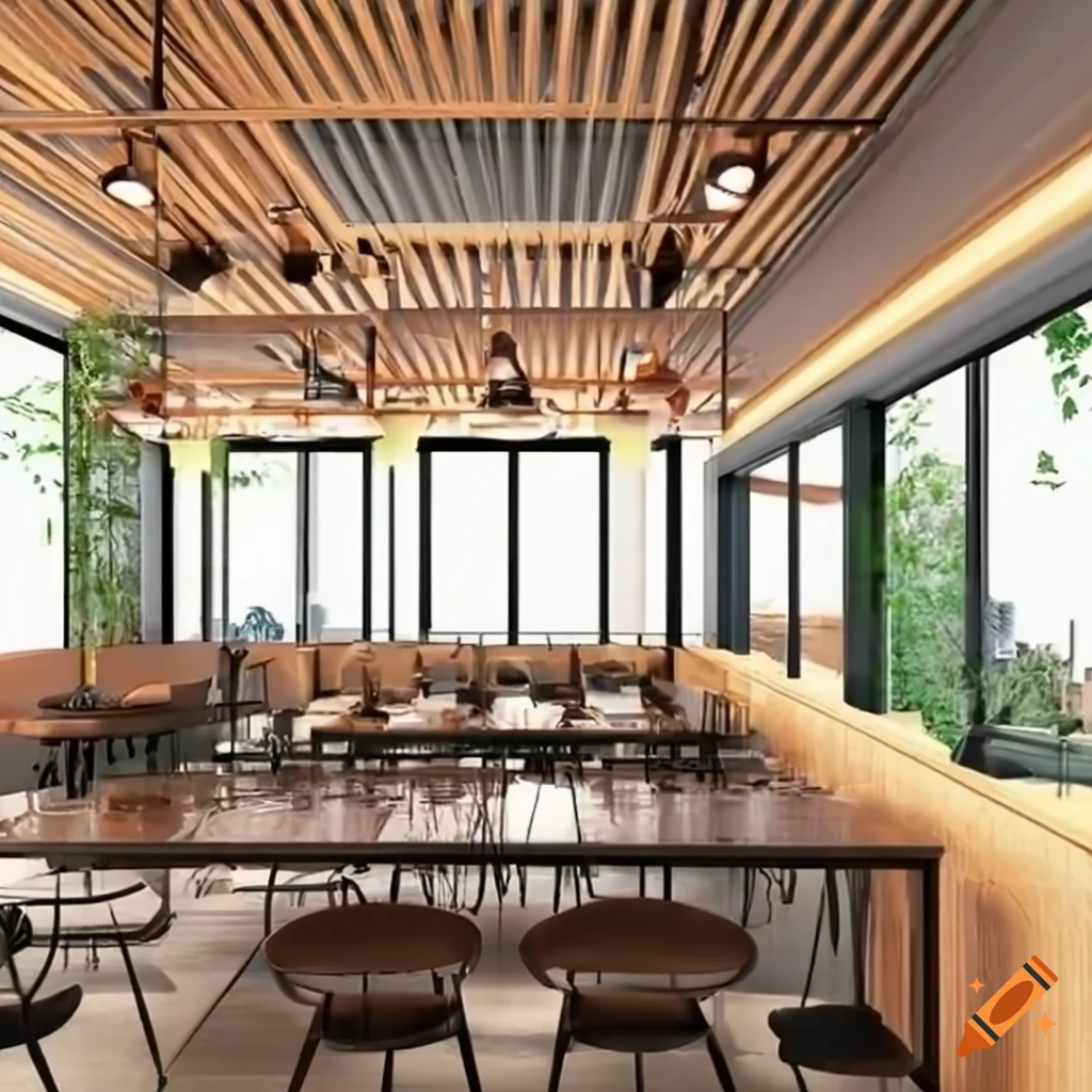 3D rendering of a cafe with glass walls on Craiyon