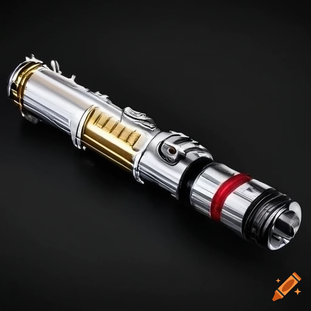 Sleek and elegant gunmetal lightsaber with gold accents on Craiyon
